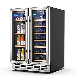 Mojgar Wine and Beverage Refrigerator, 24 Inch Dual Zone Wine Fridge with 2 Safety Locks, Under Counter Wine Cooler Fridge Built-In or Freestanding, Holds 20 Bottles and 57 Cans (Double Glass Door)