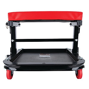 Performance Tool W85021 Folding C-Frame Creeper Rolling Work Seat with Tool Tray for Mechanic Garages and Workshops, Black/Red, 12.5-inch Height