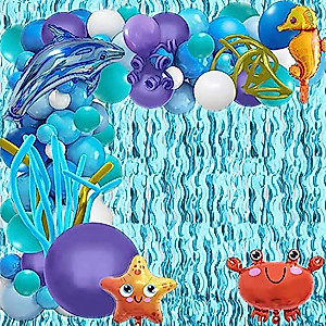 3 Pack 3.2 ft x 6.6 ft Teal Blue Matte Wavy Fringe Foil Curtains Photo Backdrop for Mermaid Birthday Party Decorations,Under The Sea Party Decorations