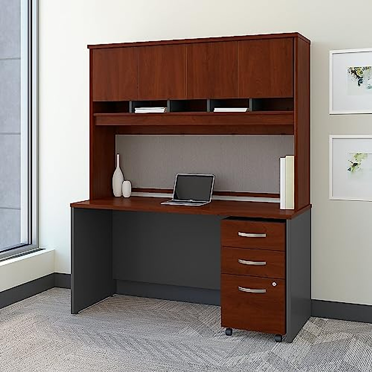 Bush Business Furniture Series C Office Desk with Hutch and Mobile File Cabinet, 60W x 24D, Hansen Cherry