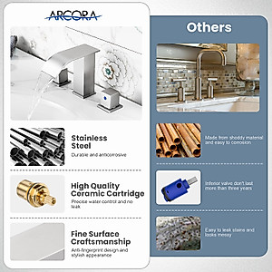 ARCORA Brushed Nickel Waterfall Bathroom Faucet - 8 Inch Widespread Bathroom Faucets for Sinks 3 Hole, Modern 2 Handles Bathroom Sink Faucet with Pon Up Drain and cUPC Supply Lines