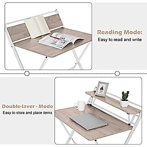 Wdminyy Folding Desk for Small Space Computer 2 Tier Foldable Table with Shelf,Metal Frame,Wood Top Laptop Table for Home Office Study Desk Workstation,Kids Desk,No Assembly Needed,31.5" x 19.7"