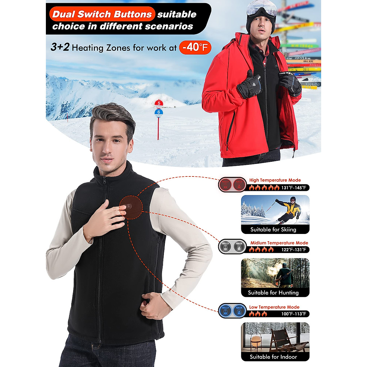 ECIFEE Heated Vest for Men Women with Battery Pack Included, Lightweight Rechargeable Collar Fleece Vest, Windproof Sleeveless Jacket for Travel Hiking