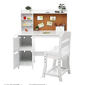 Wooden Sdudy Desk with Chair for Kids, Children School Study Table with Hutch and Chair, White Learning Table with Bookshelf, Bulletin Board and Cabinets, for 3-8 Years Old Boys and Girls