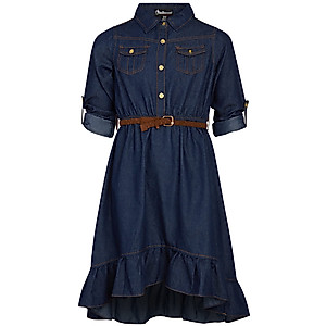 dollhouse Girls' Denim Casual Dress - Long Sleeve Jean Dress for Girls - Winter Holiday Dresses for Girls (7-16), Size 10-12, Dark