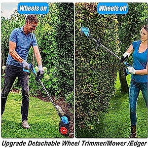 Cordless Weed Wacker Electric Weed Eater with 2 x 21V/2.0Ah Battery Powered and Charger, 3-in-1 Lightweight Brush Cutter Edger Lawn Tool No-String Grass Trimmer Push Wheeled Lawn Mower for Yard Garden