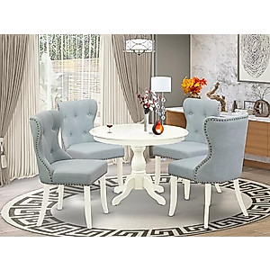 East West Furniture HBSI5-LWH-15 5 Piece Kitchen Table & Chairs Set Includes a Round Dining Room Table with Pedestal and 4 Baby Blue Linen Fabric Parson Chairs, 42x42 Inch, Linen White