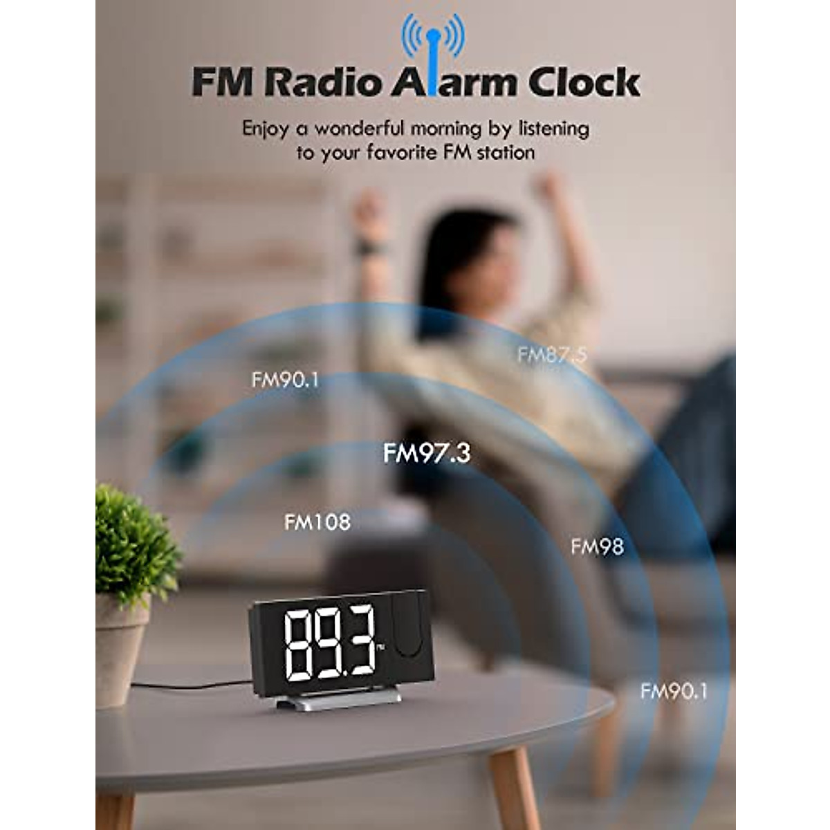 Projection Alarm Clock with FM Radio, USB Charging Port, 0-100% Dimmer, Dual Alarms, HD LED Display, 30 Preset Stations, Sleep Timer, 5 Alarm Sounds, Snooze, Curved Screen, Digital Clock for Bedroom