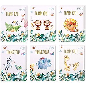 VNS Creations 30 Safari Thank You Cards | Bulk Jungle Animal Thank You Notes with Matching Envelopes & Stickers | Small & Cute Zoo Notecards Perfect for Baby Shower and Kids Birthday.