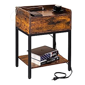 Lerliuo Nightstand with Charging Station and USB Ports, 3-Tier End Side Table with Storage Drawer and Shelf, Modern Bedside Night Stand for Bedroom, Living Room- Retro Brown