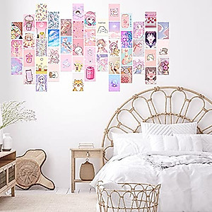 50Pcs Kawai Anime Aesthetic Picture Wall Collage Kit, Pink Cartoon Assembled Print Card Set, Back to School Dorm Photo Poster Display Trendy Style, Sweet Room Decor Cute Collage Kit For Teens Girls Gifts