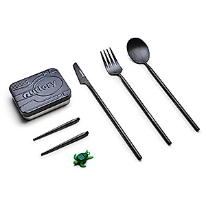 Outlery | Portable & Reusable Stainless Steel Travel Cutlery Set and Reusable Chopsticks (Black) Pocket Sized Cutlery Set