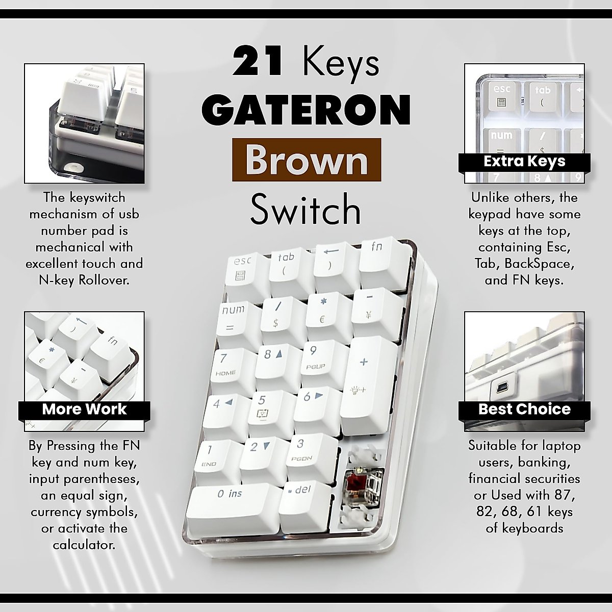 Qisan Mechanical Numeric Keypad GATERON Brown Switch Wired Crystal Case White Backlit Gaming Keypad 21 Keys Mini Numpad Portable Mechanical Numpad Extended | Laptop Accessories | keypad for Computer