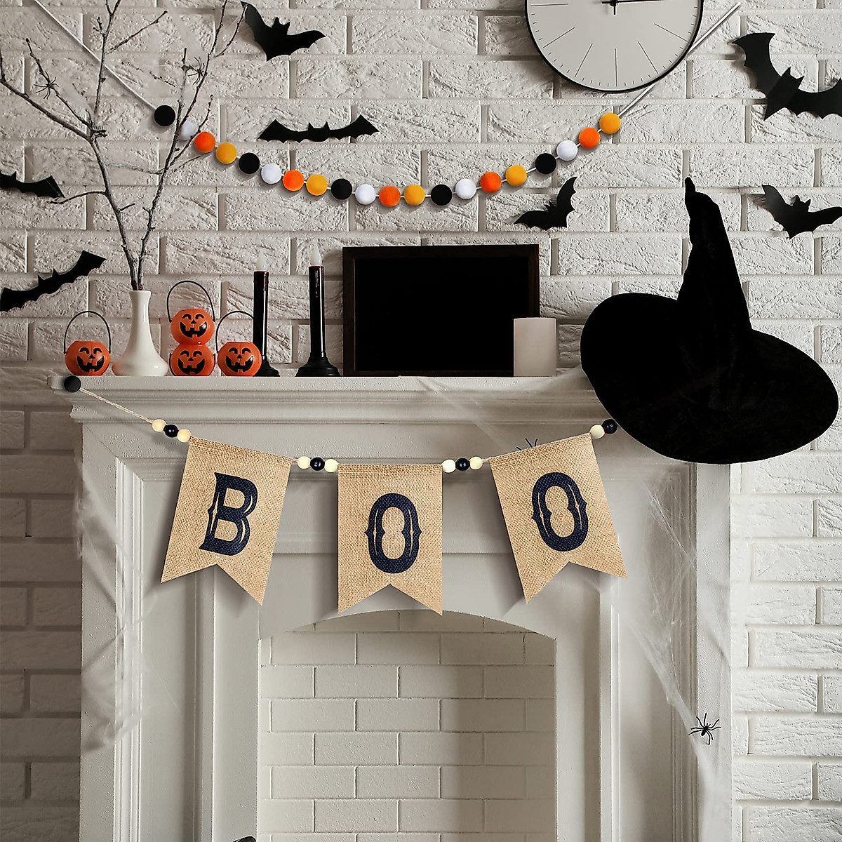 Halloween Banner Burlap Boo Banner Fireplace Banner Wool Felt Ball Garland Happy Halloween Banner Halloween Decor for Party Halloween Birthday Fireplace Carnival Decorations