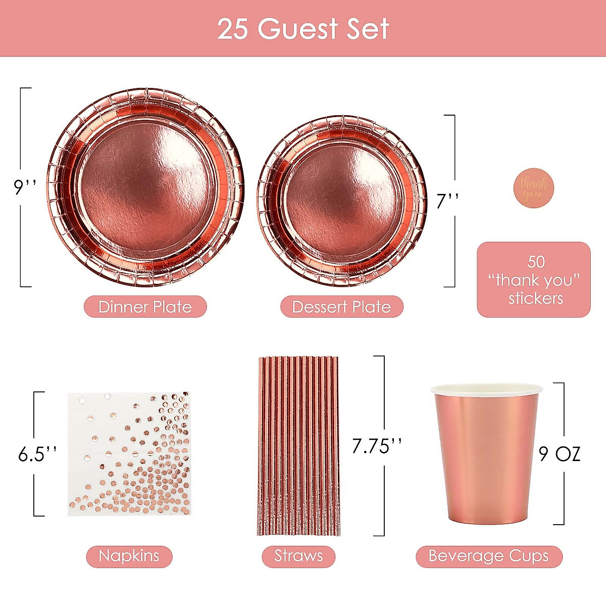 RUBFAC 248pcs Rose Gold Birthday Party Decorations Kit for Women Girls, Happy Birthday Banners, Balloons, Tablecloth, Table Runner, Sash, Tiara, Plates, Cups, Napkins Straws Party Supplies