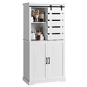 BOTLOG Tall Kitchen Pantry, Large Wood Storage Cabinet with Sliding Barn Door and Adjustable Shelves, Tall Freestanding Cupboard for Dining Room, Living Room, Laundry, White