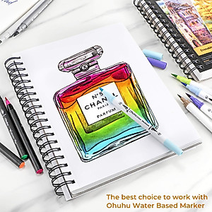Ohuhu Watercolor Brush Markers Pen Set of 24, Water Based Drawing Marker Brushes W/A Water Coloring Brush+Mix Media Pad, 10"×7.6" Mixed Media Art Sketchbook