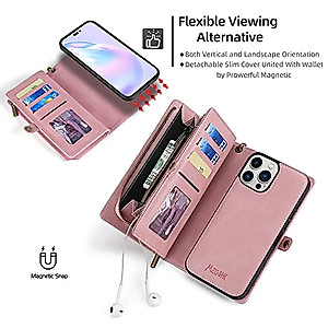 W WINTMING Compatible with iPhone 14 Pro Wallet Case with Card Holder,Leather Zipper Wallet Magnetic Buckle Case, RFID Blocking, with Wrist Strap Classic Leather Folio Phone Case (iPhone 14 Pro,Pink)