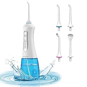 TUREWELL FC1592 Water Dental Flosser Cordless with Powerful Battery, Oral Irrigator for Teeth Cleaner, 3 Modes and 4 Jet Tips, IPX7 Waterproof,300ML Detachable Water Tank for Home and Travel (White)