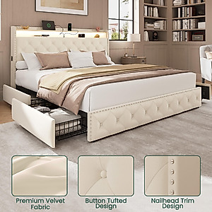 LARMACE King Size Bed Frame with LED Lights & USB Charging Station, Velvet Upholstered Platform Bed with Storage Headboard and 4 Drawers, No Box Spring Needed, Easy Assembly, Beige
