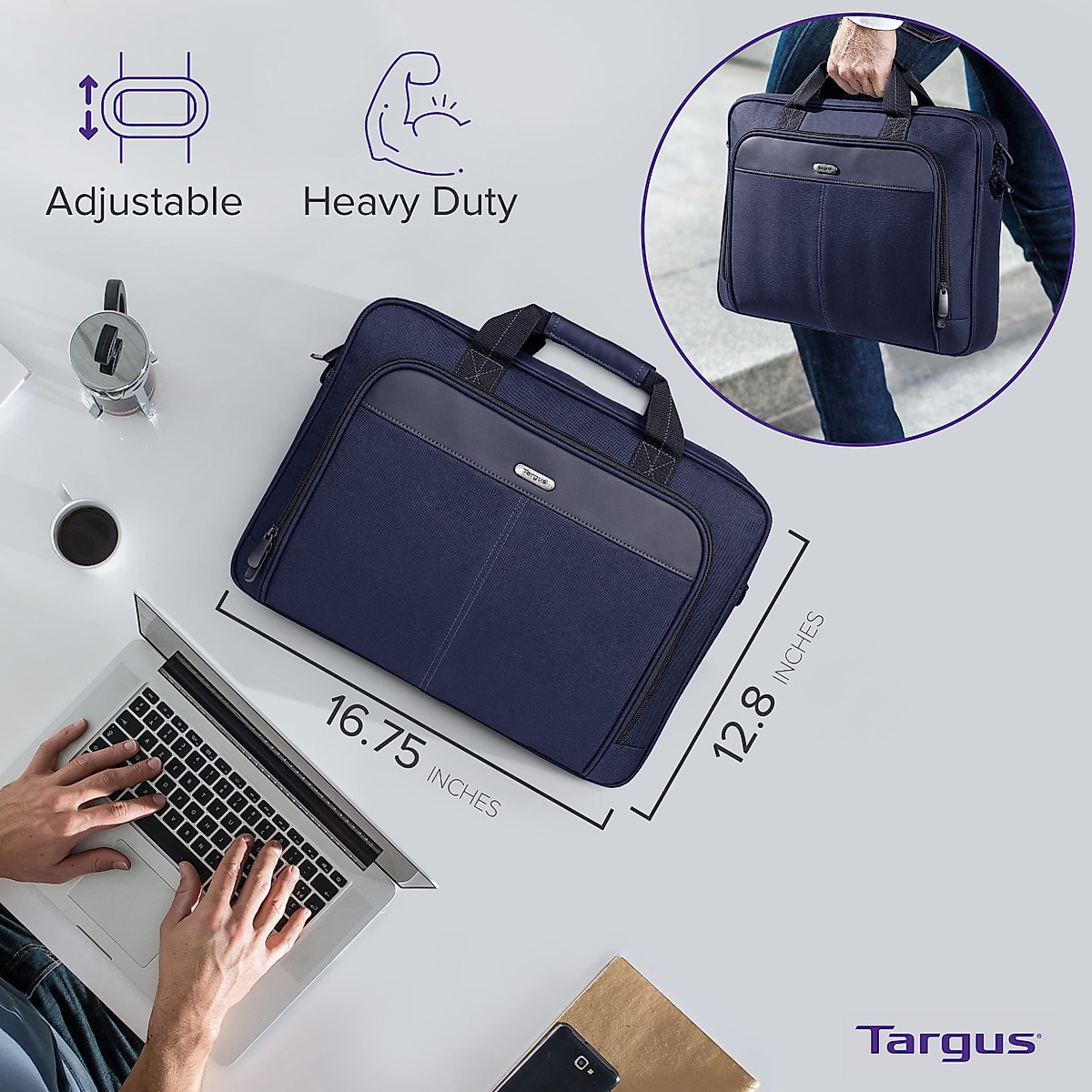 Targus 15-16 Inch Classic Slim Laptop Bag, Blue - Ergonomic Briefcase and Messenger Bag - Spacious Foam Padded Laptop Bag for 16" Laptops and Under (TCT027US)