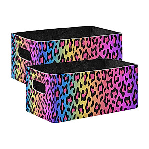 Kcldeci Rainbow Colored Leopard Print Storage Bins Baskets for Organizing 2Pack, Sturdy Storage Basket Foldable Storage Baskets for Shelves Closet Nursery Toy