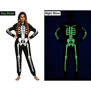 Veseacky Women's Skeleton Costume Onesie Pajama Halloween Holiday Glow in Dark One-Piece PJS with Hoodie Bodysuit Skeleton Jumpsuit Outfits Small