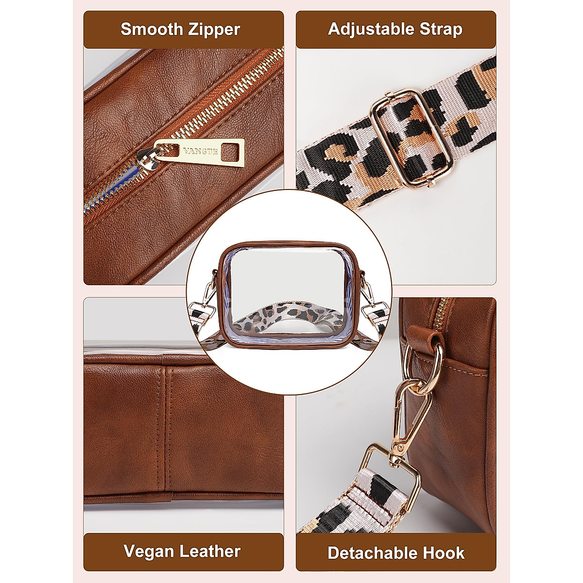 Vangue Upgrade TPU Clear Purse for Women Stadium Approved, Clear Crossbody Bag with Adjutable Strap, Transparent Leather Bag for Sports Concerts Events Festivals