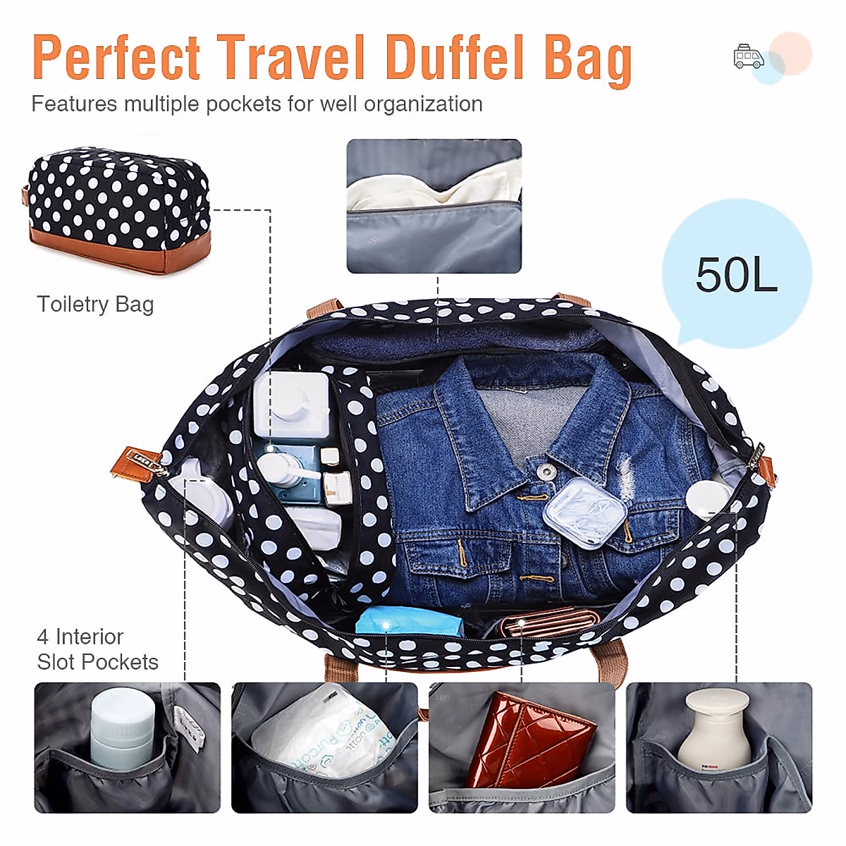 Lekebobor Polka Dot Overnight Bag for Women Weekender Bag with Shoes Bags Shoes Compartment Toiletry Bag,Travel Duffle Bag for Women Large Holdall Travel Weekend Bag 35L White Dots