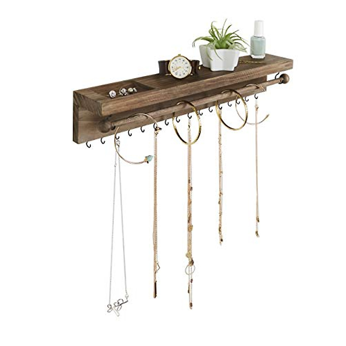 SoCal Buttercup Rustic Necklace and Jewelry Organizer - Hanging Wall Mount Display - Mounted Wooden Holder for Earrings, Necklaces, Bracelets, and Many Other Accessories (Two Piece, Rustic)