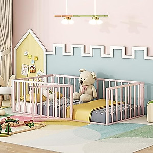 DNYN Twin Size Metal Floor Bed Frame with Door for Kids Bedroom,Metal Struture Bedframe w/Fence,No Box Spring Needed,77" x 41.1"x 21.7"H, Pink