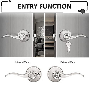 Probrico (2 Pack) Entry Door Lever [Lock with 3 Keys],Locking Door Handle Set for Office or Front Door,Satin Nickel Finish Wave Entrance Door Lock with Key, Reversible Right & Left Side Handed