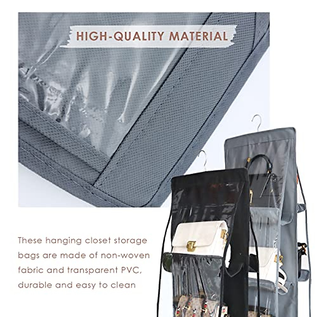 LEEFONE 2 Pack Hanging Handbag Purse Organizer, Dust Proof Storage Holder Bag Wardrobe Closet Space Saving Organizers System, Washable, 1 PC x 8 Pockets + 1 PC x 6 Pockets (Grey + Black)