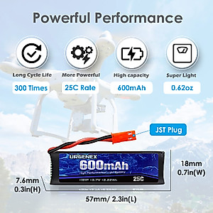 URGENEX 3.7v Lipo Battery 600mAh with JST Plug 1S Li-Po Battery with X5 Battery Charger for UDI U817 U817A V959 V222 V929 RC Drone Quadcopter 5PCS Aircraft Batteries