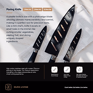 DURA LIVING Paring Knife - 3.5 Inch Black Nonstick Titanium Plated Stainless Steel Ultra Sharp Blade, With Ergonomic Comfort Grip Handle Kitchen Knife, With Matching Sheath
