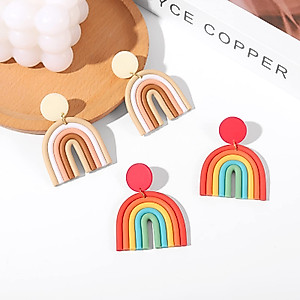 Bohemian Rainbow Earrings for Women Handmade Statement Earring Clay Dangle Earrings Colorful Ceramic Clay U Shape Earrings for Women Jewelry (3Pair Clay Earrings)