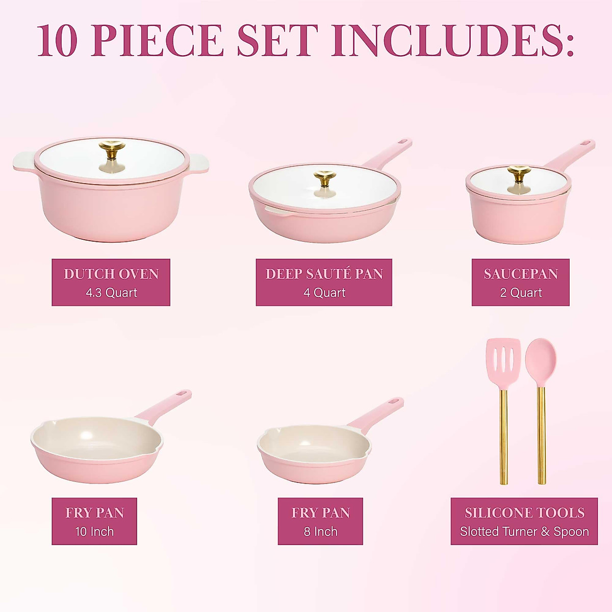 Paris Hilton Ceramic Nonstick Cookware Set, Cast Aluminum with Dual Layer Nonstick Coating, Gold Heart Knobs, Stay-Cool Handles, Made without PFAS, PFOA, PFOS & PTFE, Dishwasher Safe, 10-Piece, Pink