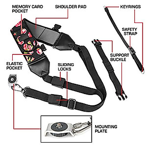 USA GEAR Camera Sling Shoulder Strap with Adjustable Neoprene, Safety Tether, Accessory Pocket, Quick Release Buckle - Compatible with Canon, Nikon, Sony and More DSLR and Mirrorless Cameras (Floral)