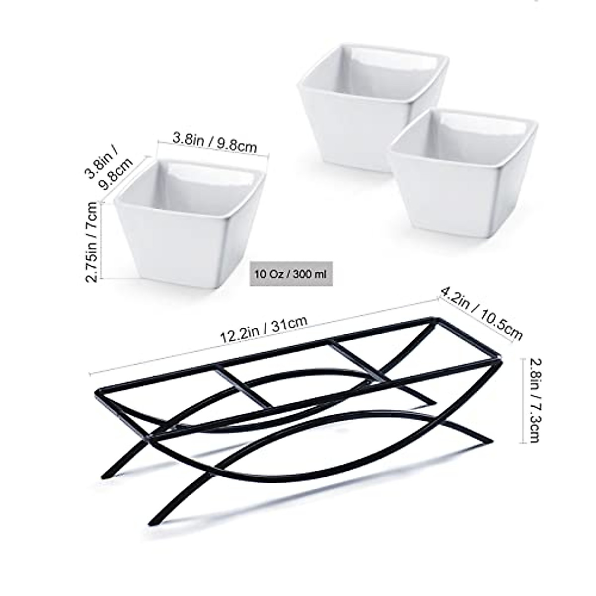 UNICASA Square Ramekin Bowls 10 oz, Condiment Serving Tray with Metal Rack Stand - Chips and Dips Snack Tray for Party - White Side Dish for Appetizer, Fruit, Nuts, Ice Cream, Candy