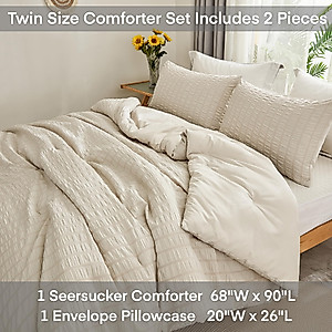 AveLom Beige Seersucker Twin Comforter Set (68x90 inches), 2 Pieces-100% Soft Washed Microfiber Lightweight Comforter with 2 Pillowcases, All Season Down Alternative Comforter Set for Bedding