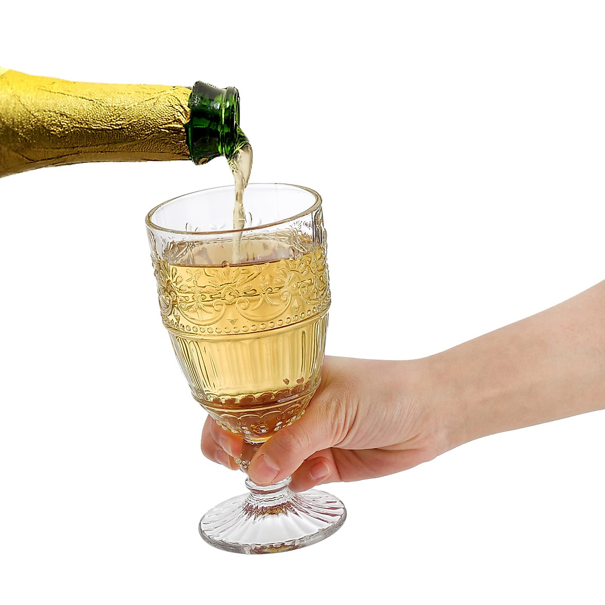 AVLA 6 Pack Glass Goblet, 12 OZ Vintage Wine Glassware, Romantic Wedding Glass Set, Drinking Stemware Beverage Cups for Party, Bar, Champagne, Juice, Beer, Cocktail, Embossed Design