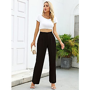 Skrfez Women's Wide Leg Work Pants with Pockets Black X-Large Professional High Elastic Waisted Slacks Long Business Straight Suit Pant Office Trousers