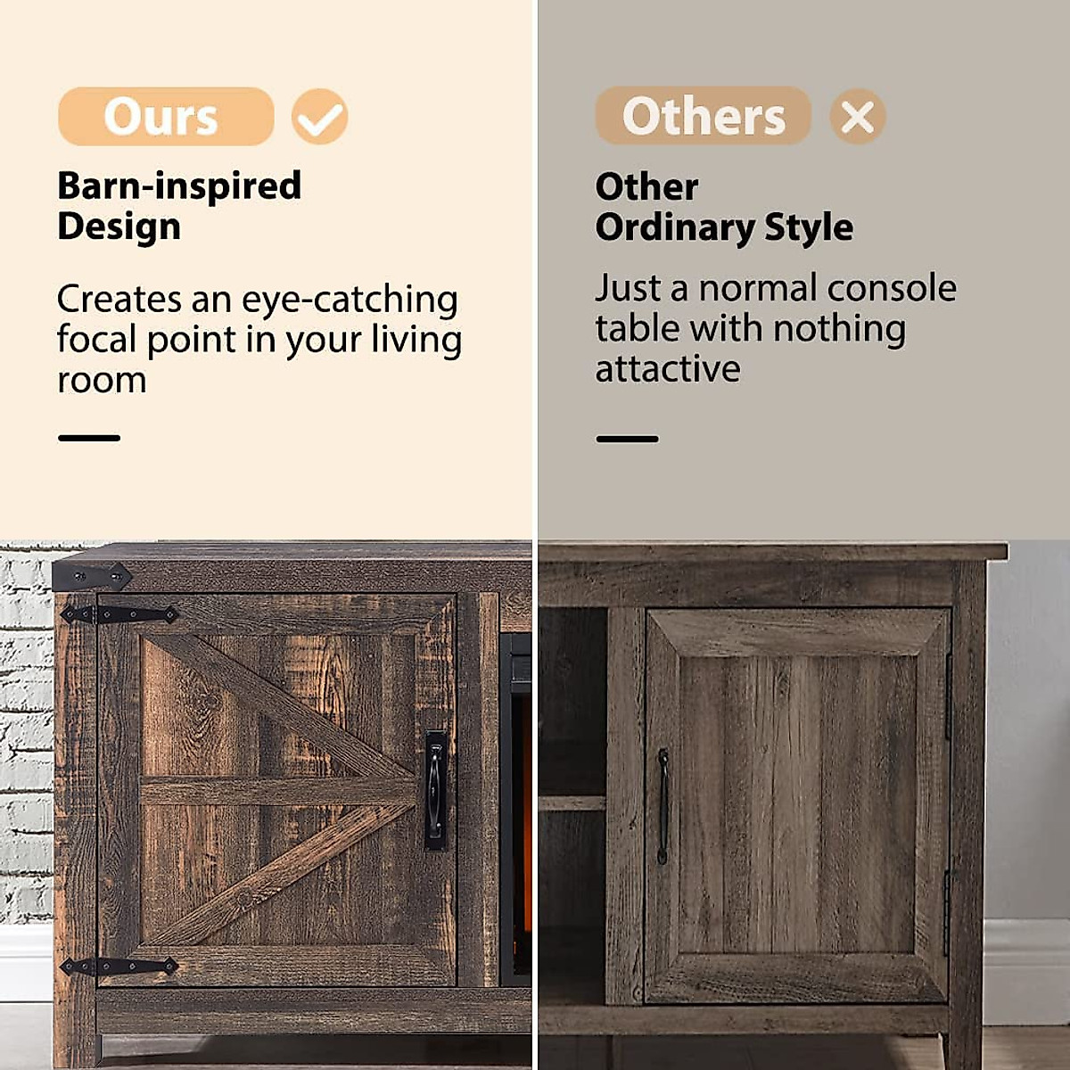 T4TREAM Fireplace TV Stand for 75 Inch TV, Farmhouse Barn Door Media Console, Entertainment Center with 23" Electric Fireplace Remote Control, for Living Room, 66 Inch, Dark Rustic Oak