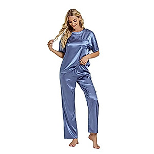 LYANER Women's Satin Silk Pajama Set Short Sleeve T-shirt with Pants Set PJ Loungewear Dark Blue X-Small
