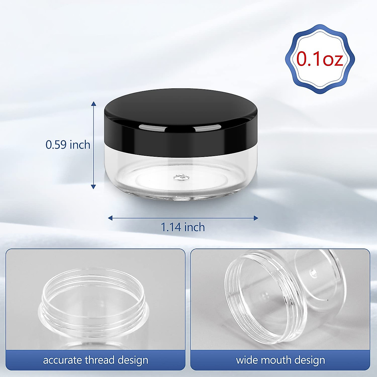 Loretoy Household 0.1oz Plastic Jars with Lids, 50 Pack BPA Free, Reusable, Refillable Transparent Cosmetic Containers for Bath Salts, Cosmetics, Powders, Beauty Product and Small Accessories