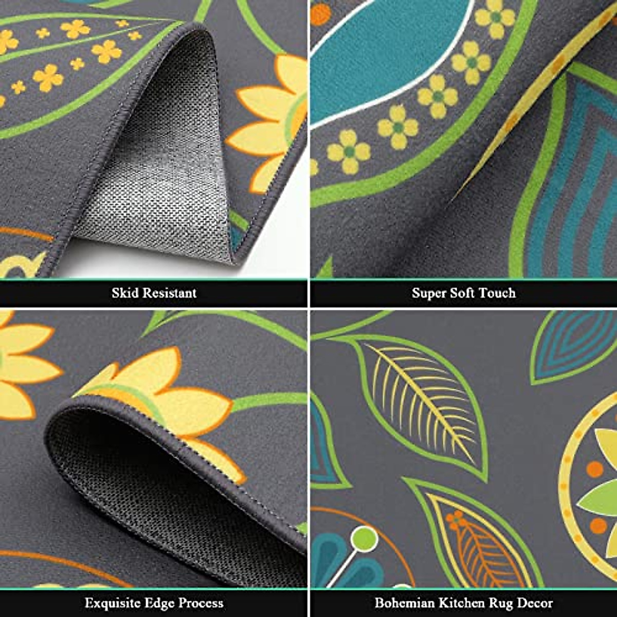 HEBE Floral Kitchen Rug Sets 3 Piece with Runner Non Slip Kitchen Rugs and Mats Washable Kitchen Mats for Floor Boho Area Rugs Doormat Carpet for Hallway Entryway Laundry Living Room