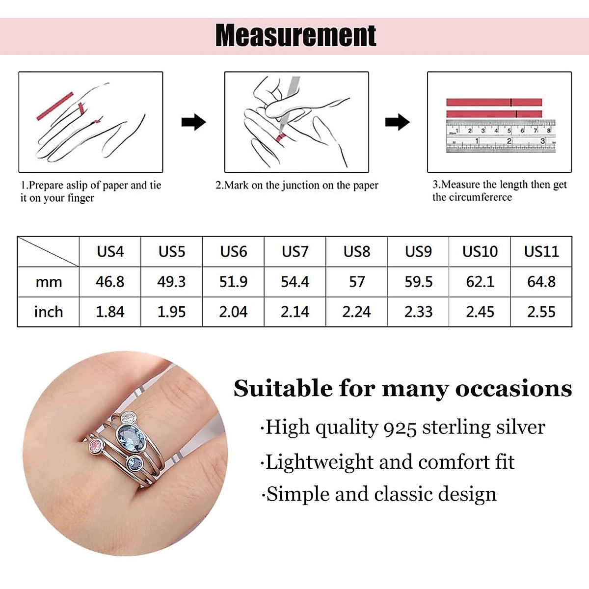 Simple Birthstone Rings for Women Jewelry 925 Sterling Silver Colorful Cubic Zirconia Stackable Promise Ring for Her (March, 6)