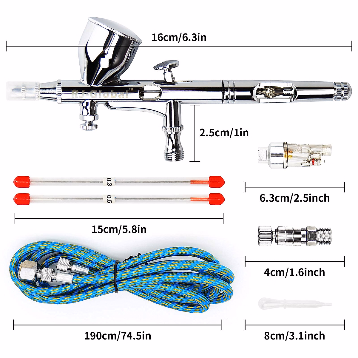 RJ-Global Airbrush Kit Dual Action Spray Gun, Air Brush for Painting Set with 0.3, 0.2, 0.5mm Needles/Nozzles/Air Cap, 1/3 oz Paint Cup, Air Hose, for Tattoo Nail, Makeup, Model, Art Hobby Painting