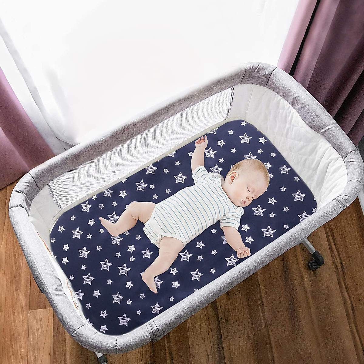 Bedside Sleeper Bassinet Sheets 2 Pack Compatible with Mika Micky & MiClassic & Milliard Bassinet, Fit Most Bedside Sleeper Bassinet Mattress, Grey&Navy