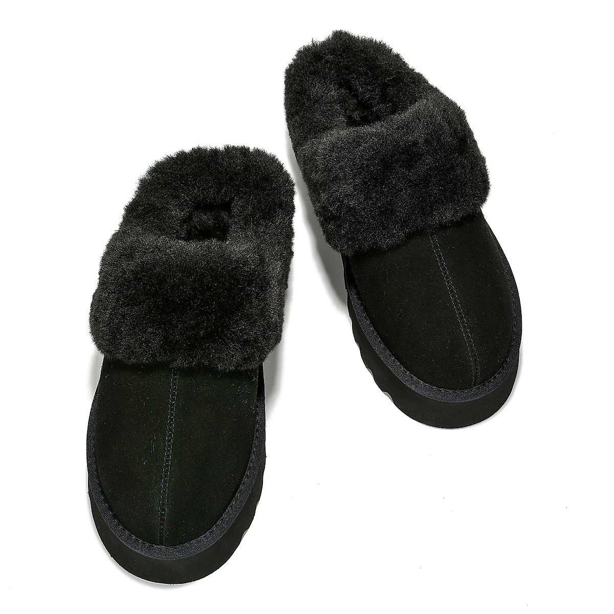 Project Cloud Genuine Suede Slippers for Women Indoor Outdoor Fuzzy Slippers - Platform Sandals Women Footwear - Memory Foam Insole Womens Sandals, Water-resistant Womens Slippers (Snowy, Black, 9)